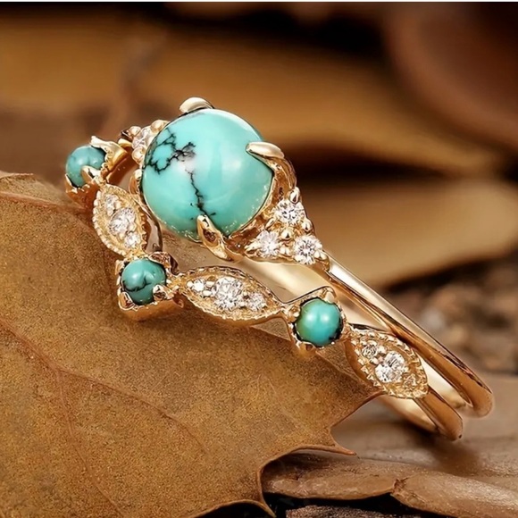 Jewelry | 14k Gold Plated Turquoise Bohemian Ring Set | Poshmark